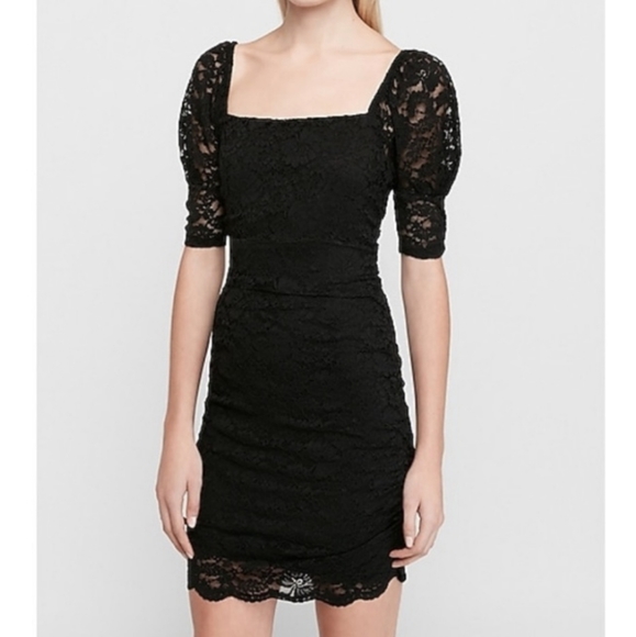 Express | Dresses | Express Black Lace Cinched Sheath Bodycon Dress Xs ...